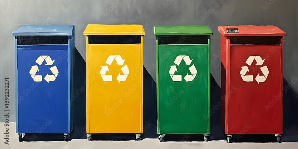 Four recycling bins in vibrant colors stand against a gray wall, each labeled with the recycling ...