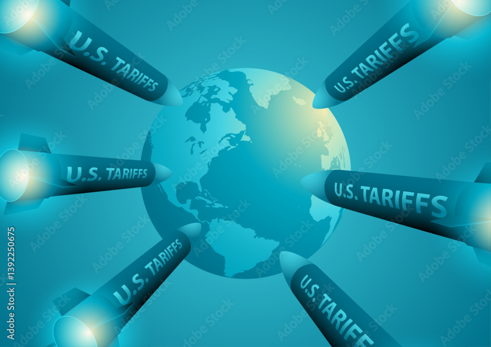Conceptual illustration of missiles labeled U.S. Tariffs launching and ...