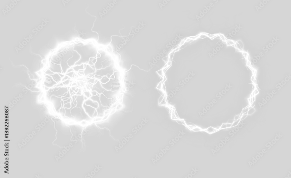 Electric plasma burst in a glowing round frame, radiating png white ...