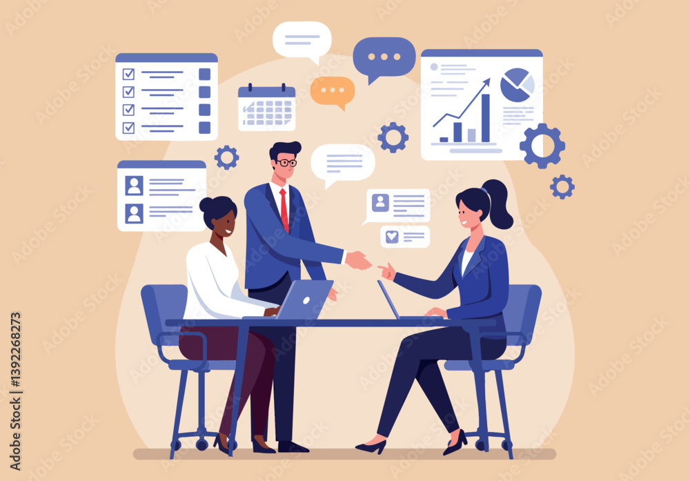 Office Collaboration: A vibrant vector graphic capturing an animated ...