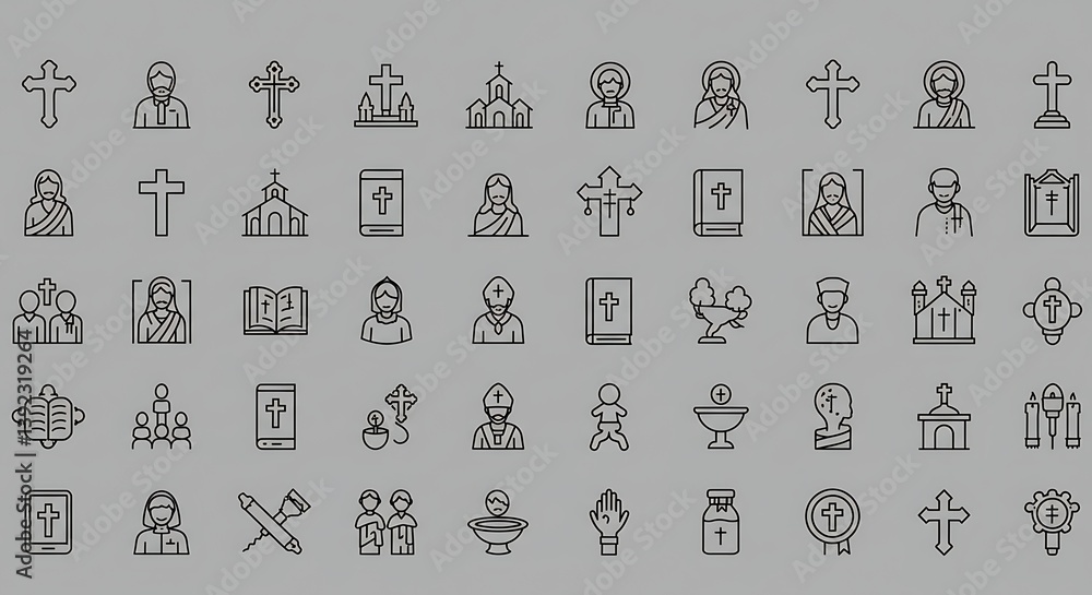 Collection of christian themed outline icons including crosses churches ...