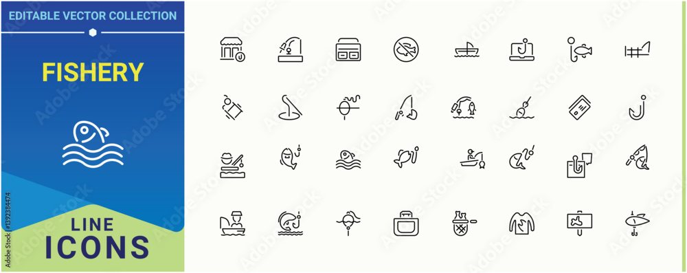 Fishery icon set. Includes thin line symbols fish, fisher, activity ...