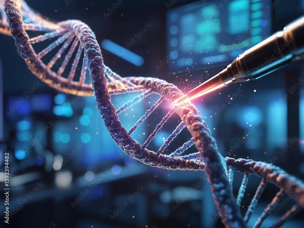 Dna strand being modified by tool with laser beam for genetic ...