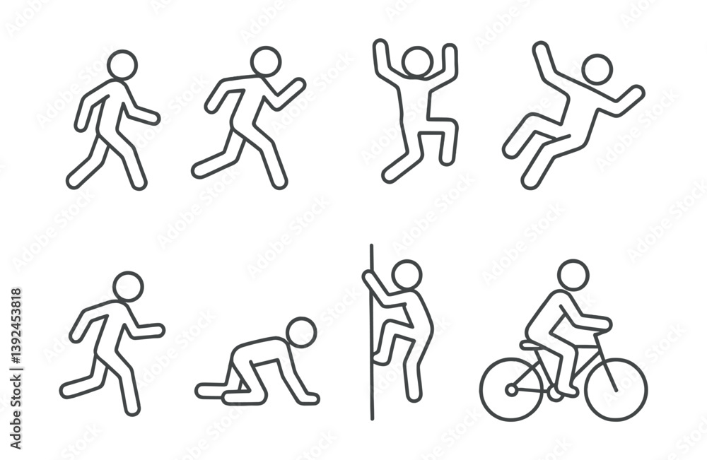 Active lifestyle linear icons: running, jumping, cycling, climbing ...