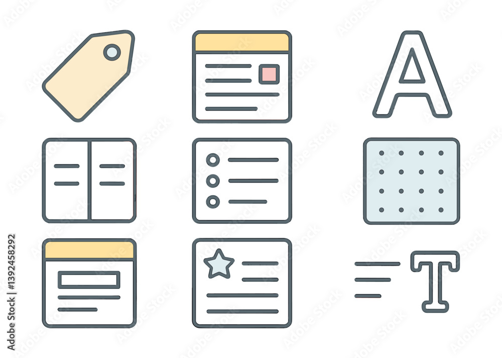 Minimalist linear icons set: tag, text, lists, and more for ui design ...
