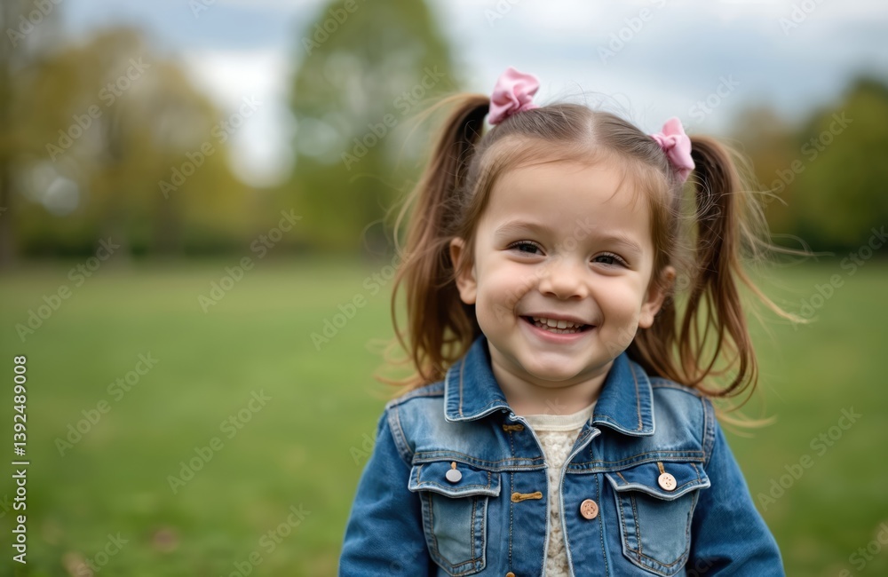 Smiling autistic toddler girl wears denim jacket in park outdoors ...