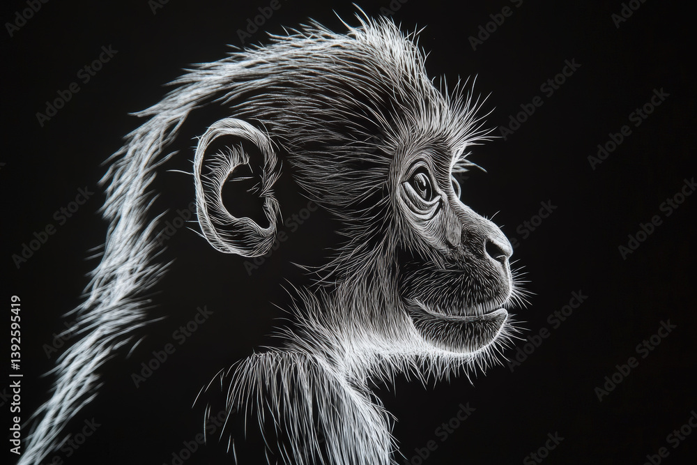 Chimpanzee Profile in Detailed Monochrome. A detailed monochrome sketch ...