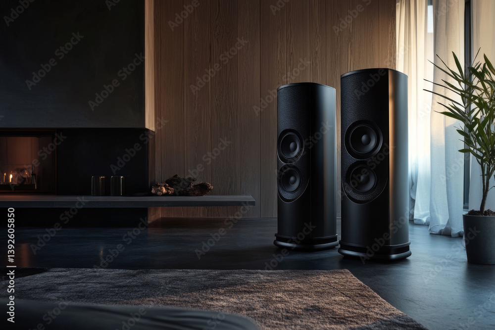 Black floor standing speakers in modern living room with large windows ...