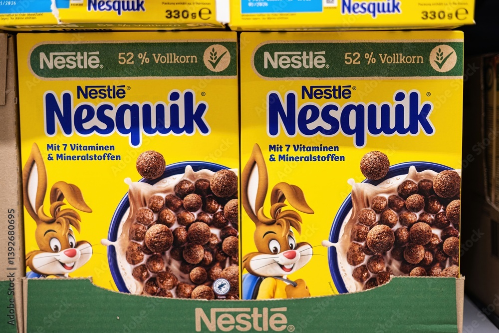 Nestle Nesquik cereal box with cartoon mascot. - FRANKFURT, GERMANY ...