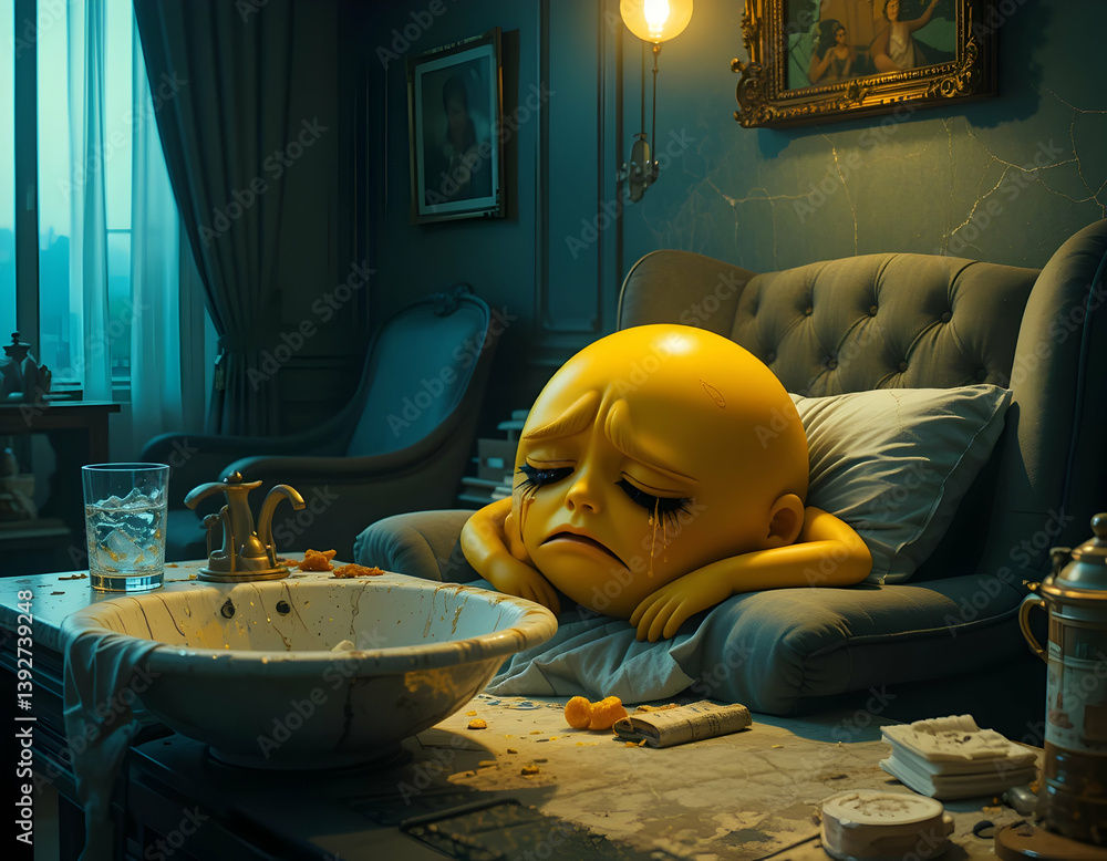 Sad Character Laying Down with Messy Table in Moody Room Stock Photo ...