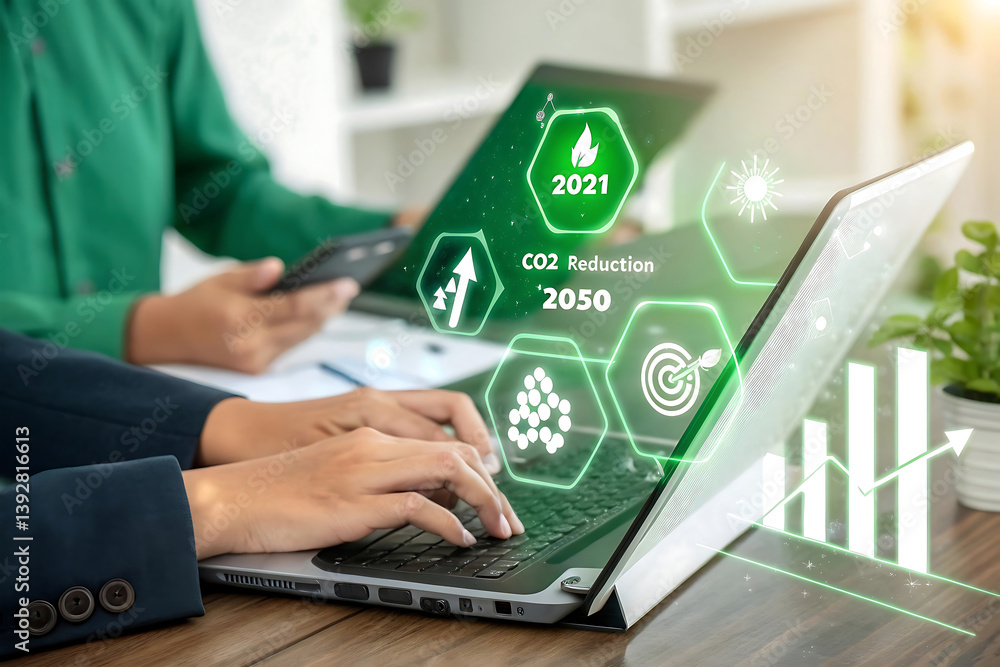 Business professional, holographic display, green bar graph ...