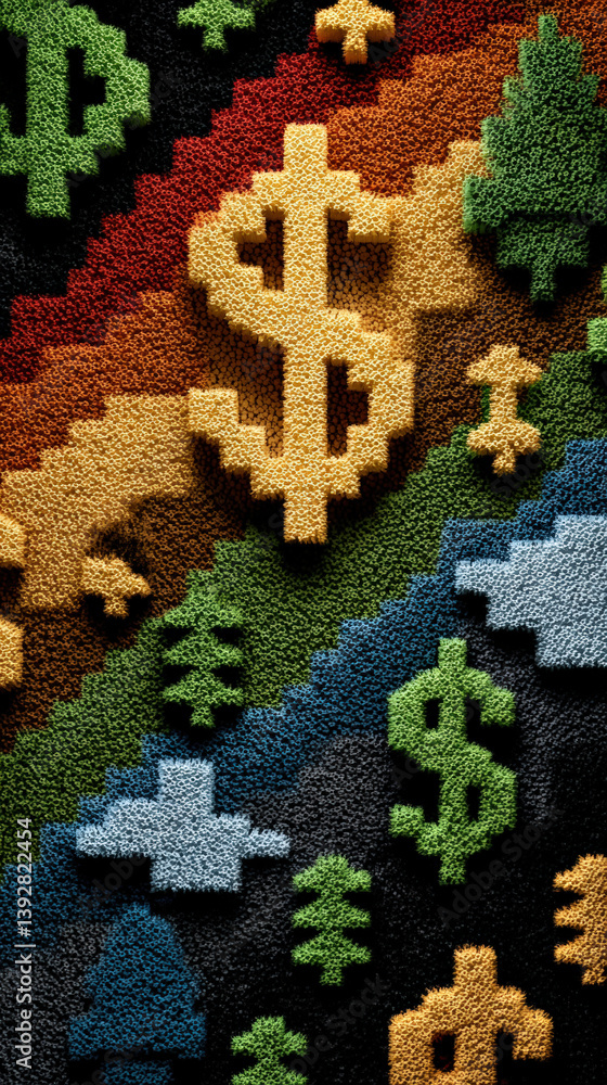 colorful pixel art depicting dollar signs, trees, and abstract shapes ...