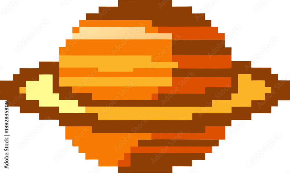 Retro pixel art of saturn with rings in 8 bit style, orange and yellow ...