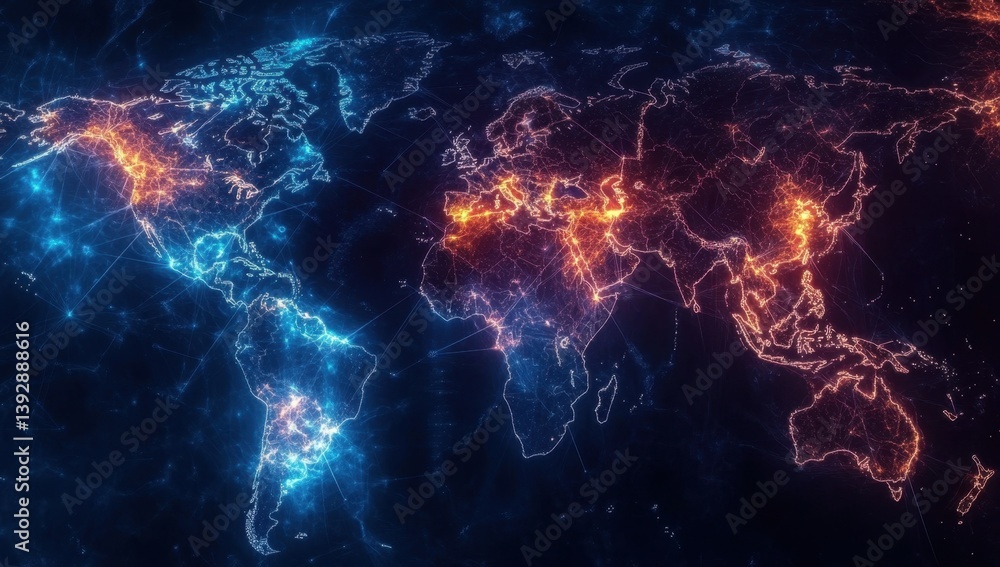 Digital map of the world with glowing connections between cities and ...