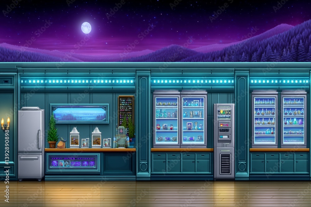 Pixel art retail shop with 8-bit characters buying potions and armor in ...