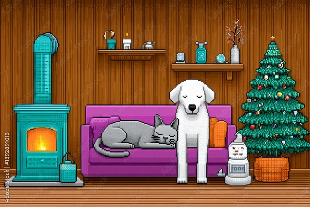 Pixel art scene of a dog and cat sleeping on an 8-bit couch beside a ...