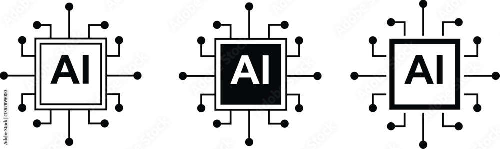 Artificial intelligence AI processor chip icon set. Artificial intelligence chip processor ...