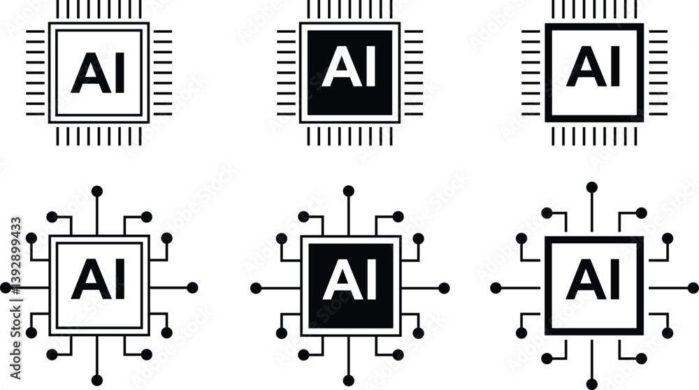 Artificial intelligence AI processor chip icon set. Artificial intelligence chip processor ...