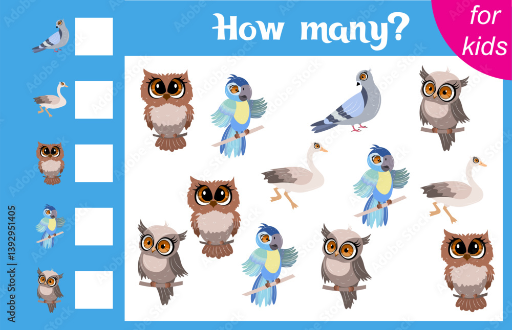 Counting game for children. Owl, parrot, pigeon and goose. Zoo. How ...
