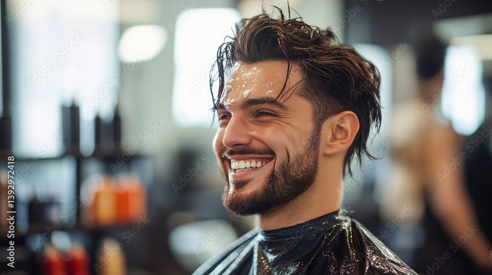 Close up photo of joyful muscular guy look mirror visit hairstylist spa ...