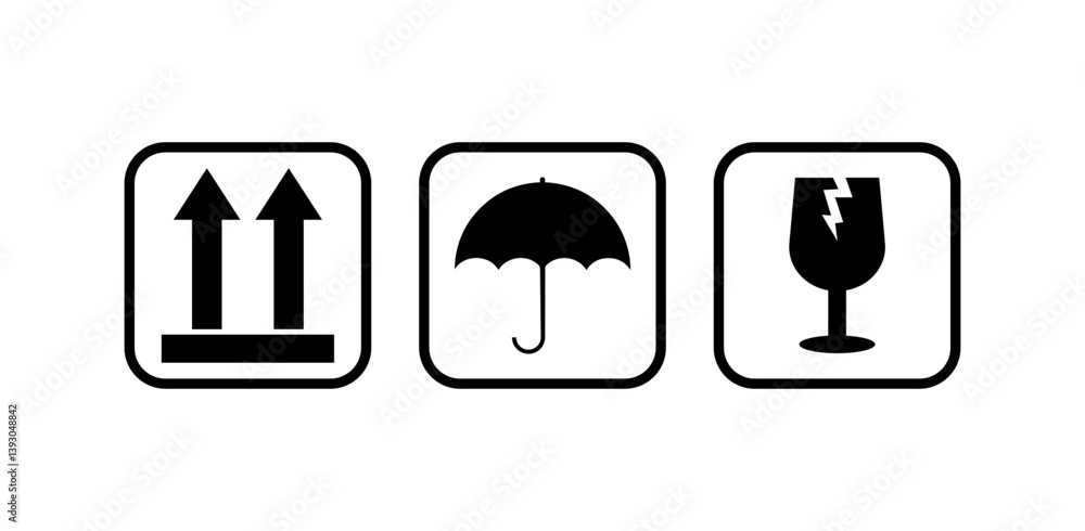 Three black and white shipping symbols indicating to keep upright dry ...
