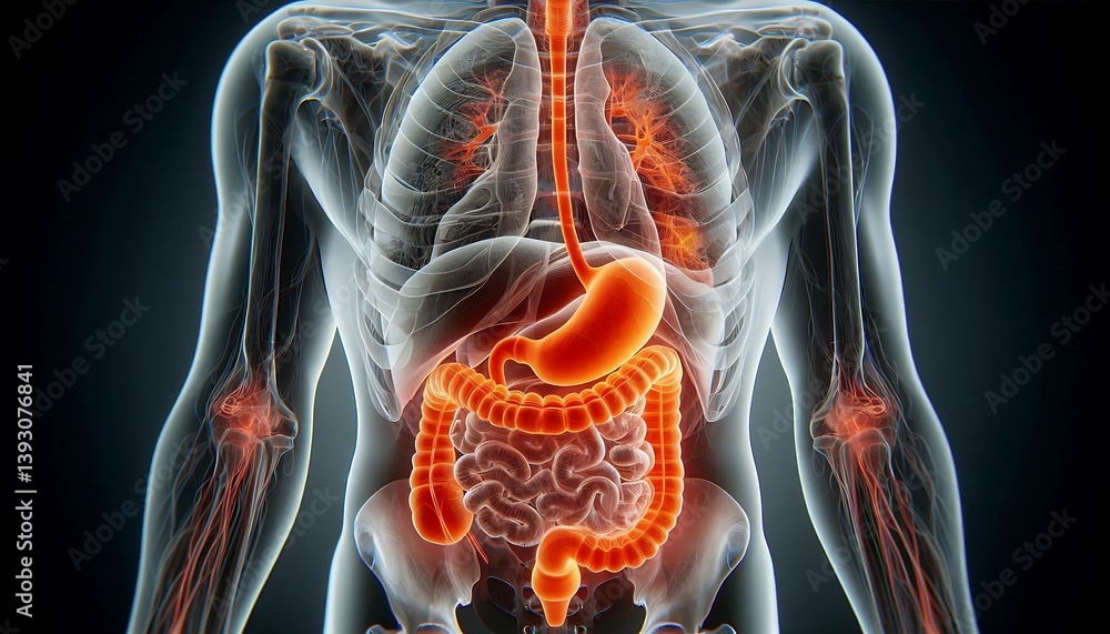 The digital medical illustration features a transparent view of the ...