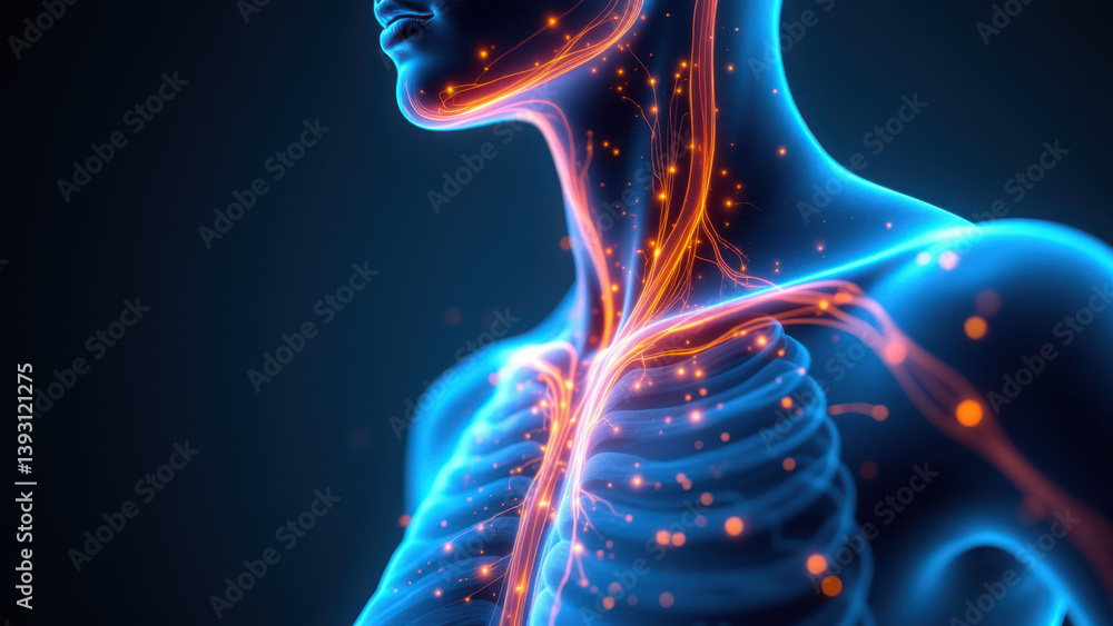 Image depicts a person's neck with their vocal cords and the Vagus ...