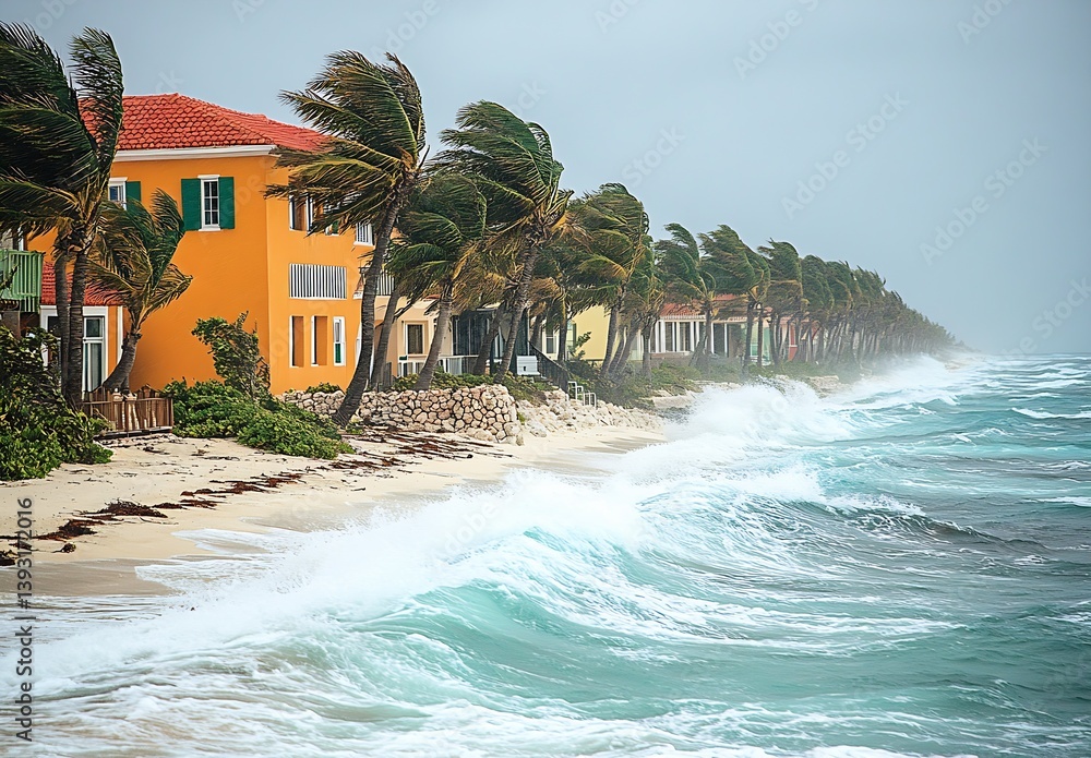 Windy beach scene showing turbulent waves crashing against coastal ...