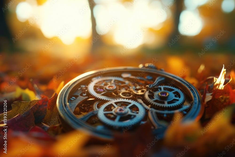 Intricate clock gears rest amidst autumn leaves, bathed in warm sunset ...