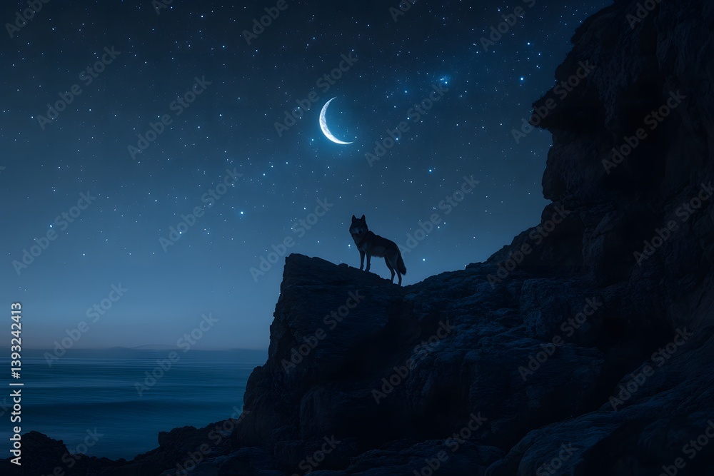 ภาพถ่าย Stock Dire wolf wolf silhouette standing on a cliff under a ...