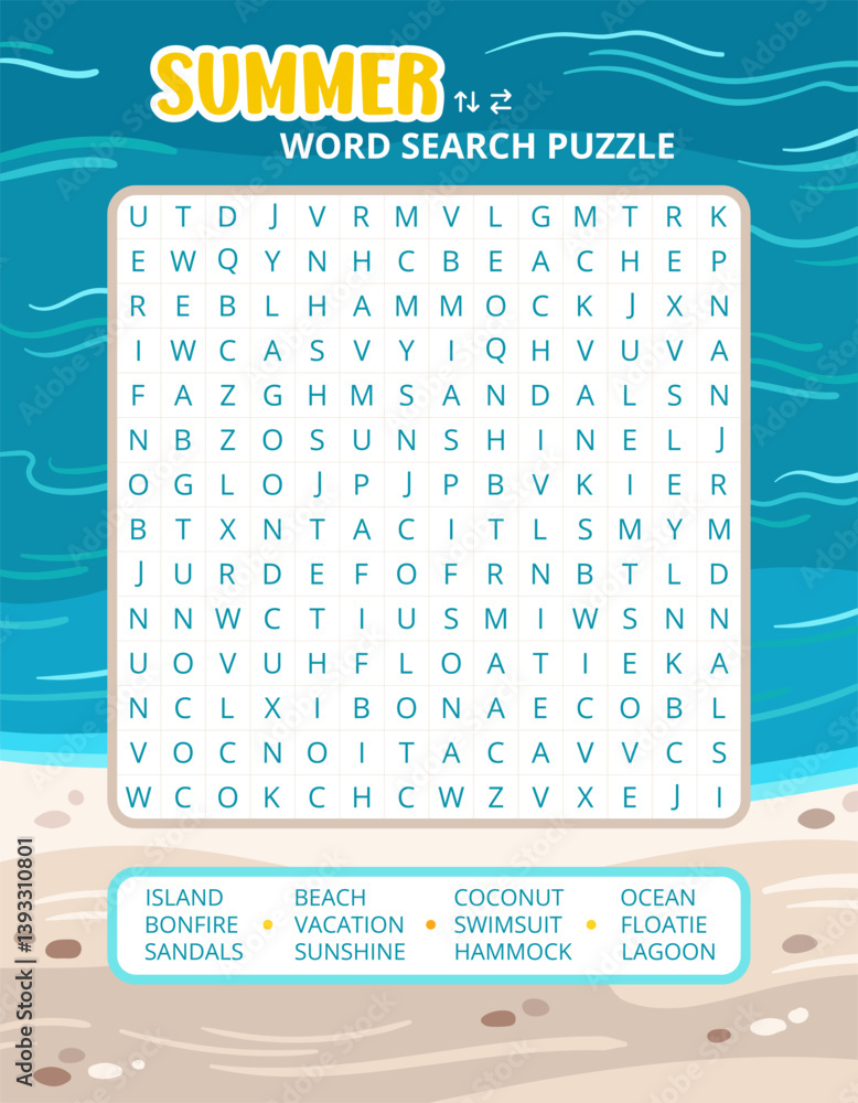 Summer word search puzzle game on a blue ocean background worksheet ...