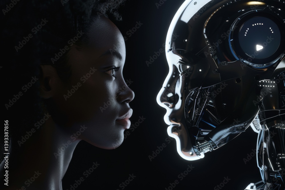 Black woman and an AI head face to face, digital data flowing between ...