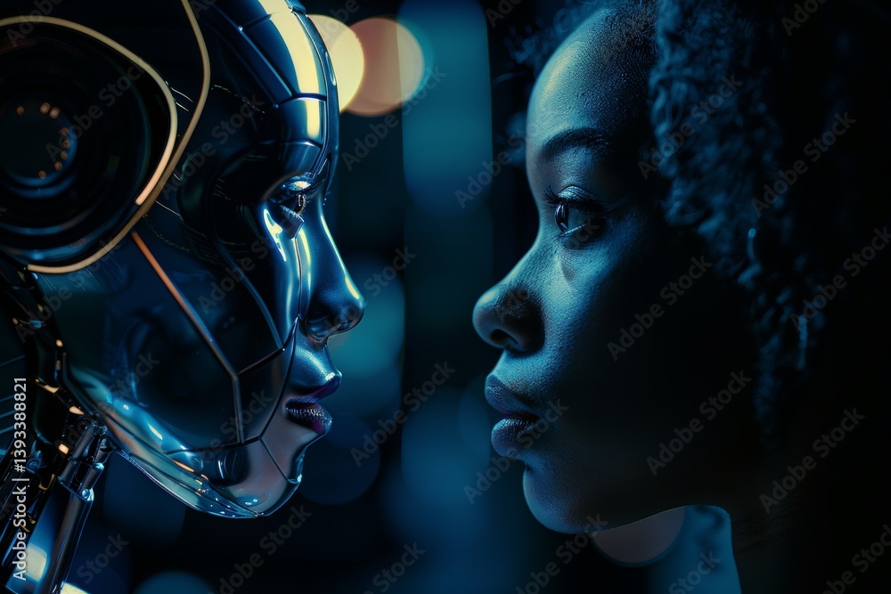 Black woman and an AI head face to face, digital data flowing between ...