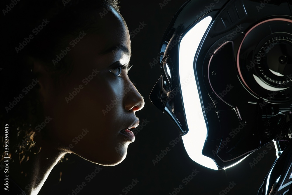 Black woman and an AI head face to face, digital data flowing between ...