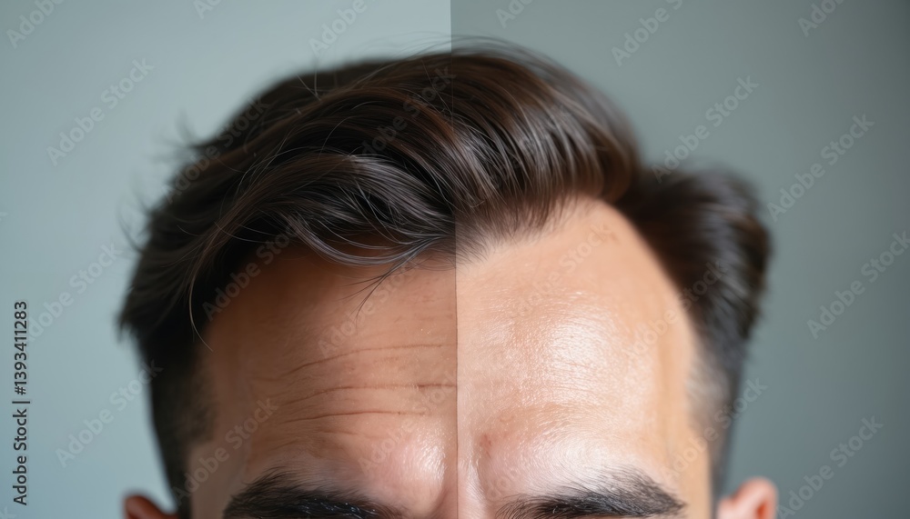 Split portrait hair loss treatment. Before, after comparison receding ...