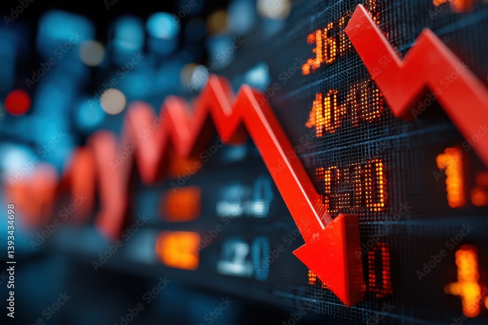 Dramatic red arrow pointing downwards on a stock market ticker ...