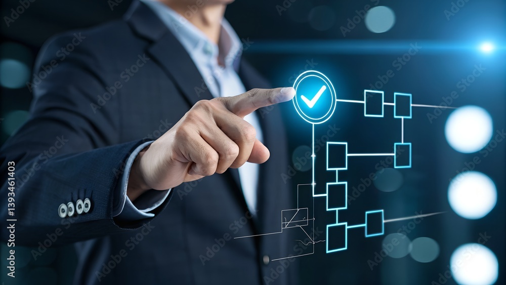 Businessman touches a digital progress checklist with check marks and ...