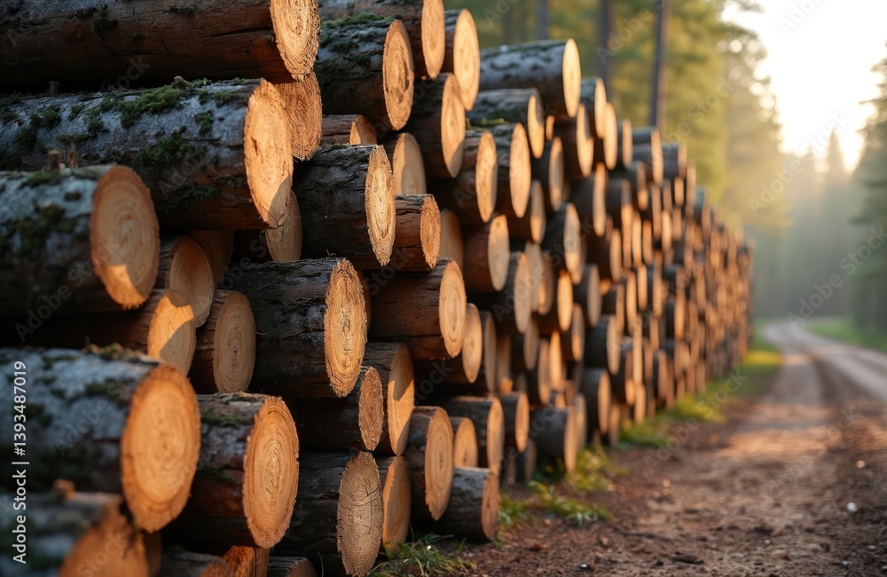 Spruce logs piled along forest road. Sawn tree trunks from logging wood ...