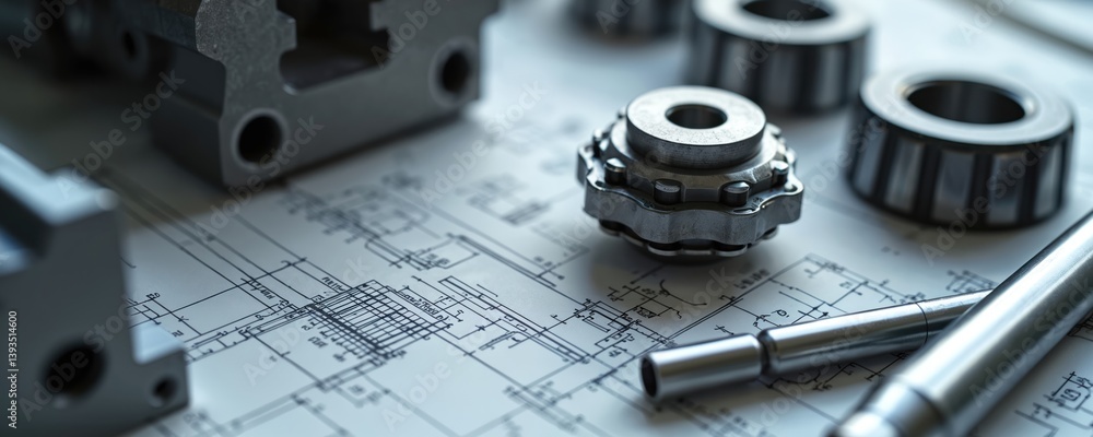 Mechanical engineering components lie on technical drawing blueprint ...