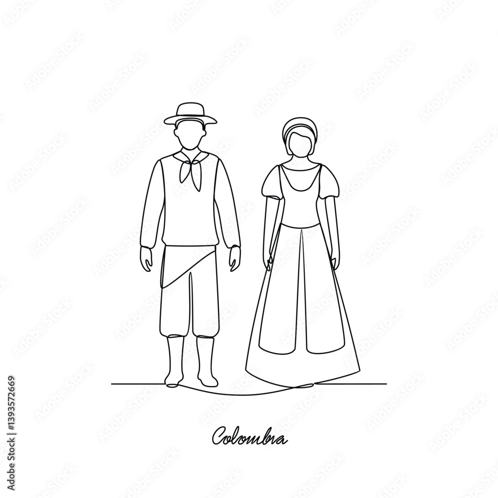 One continuous line drawing of Colombia traditional clothes vector ...