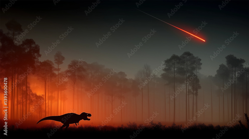 T-Rex silhouette facing falling meteor with dark gradient sky and ...