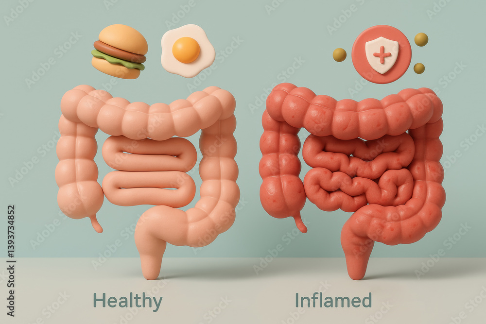Healthy vs. Inflamed: A medical illustration of the human digestive ...