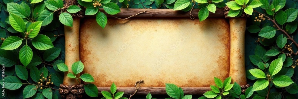 lush greenery entwined around a mysterious scroll within an intricately ...