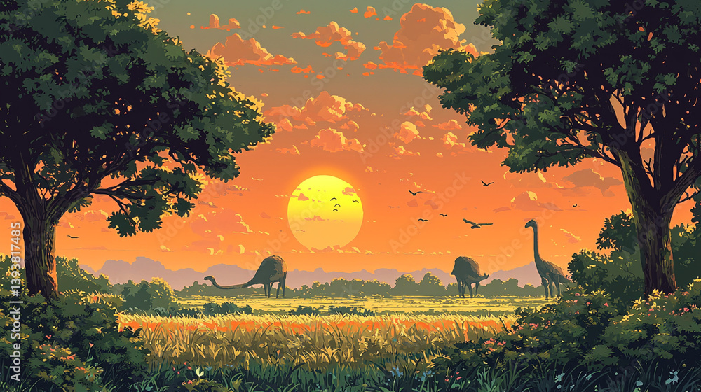 Prehistoric sunset landscape with dinosaurs grazing, idyllic scene, for ...