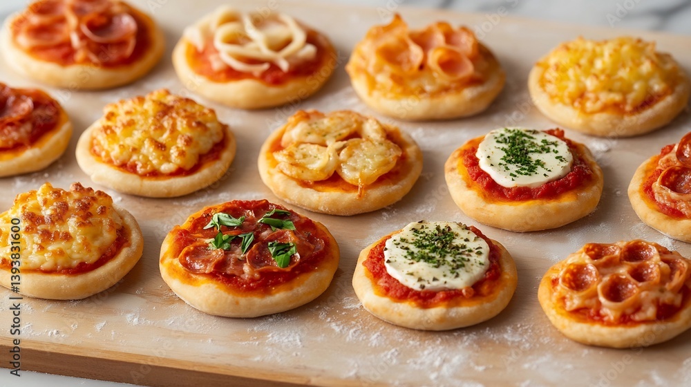 Mini pizza set different flavors on tiny bite sized crusts Stock ...