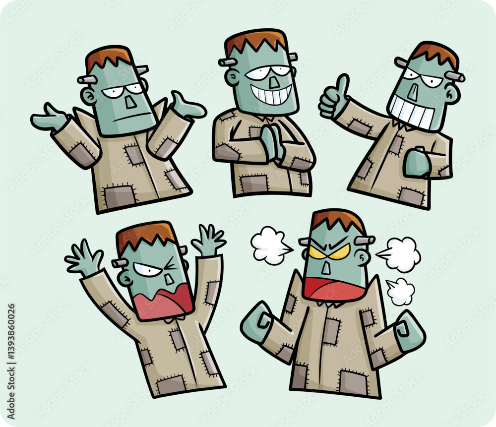 Funny half body Frankenstein cartoon illustration set Stock Vector ...
