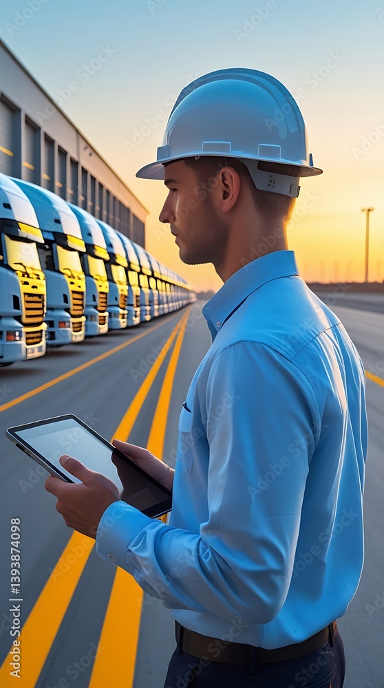 Freight supervisor overseeing operations with digital tablet near ...