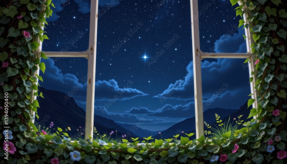 A night sky view through a window framed by ivy, with a shining star ...