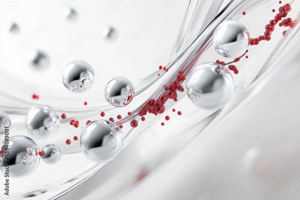 Abstract silver spheres and red particles on a white background Stock ...