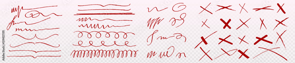 Handdrawn highlight lines and cross marks set - various sketchy red ...